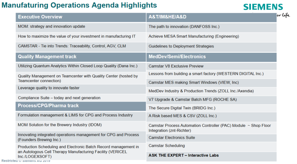 Realize LIVE Agenda online - Manufacturing Operations - Opcenter